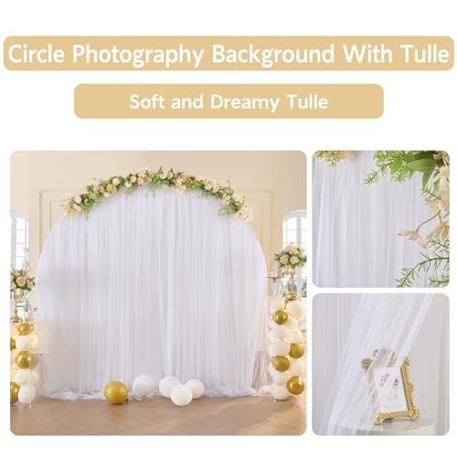 6.5FT White Round Backdrop Cover with Tulle for 6.0/6.5ft Circle Background Stand Photography Wrinkle-Free for Birthday Party Baby Shower Wedding Decorations