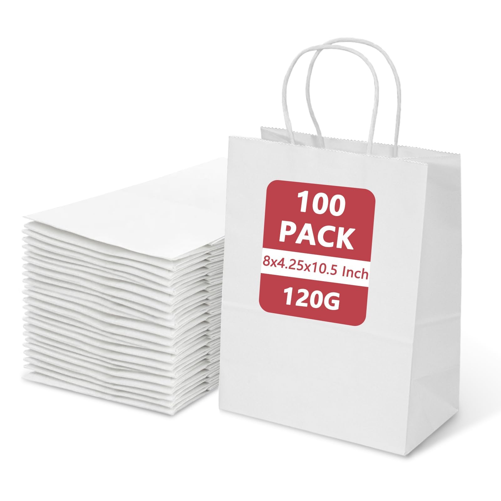 TOWRAP White Gift Bags 100Pcs 8x4.25x10.5 Inch Paper Bags with Handles Bulk,Party Bags, Shopping Bags,Retail Bags,Merchandise Bags,Favor Bags,Business Bags