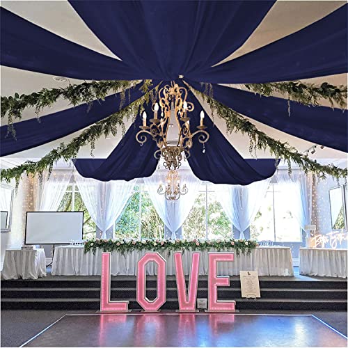 FOTSHARER Wedding Ceiling Draping Navy Blue Chiffon Drapes for Wedding 2 Panels 5ftx20ft Sheer Ceiling Panels Navy Wedding Arch Drapery Fabric Tulle Backdrop Curtains Drapes for Event Stage Hall Decor