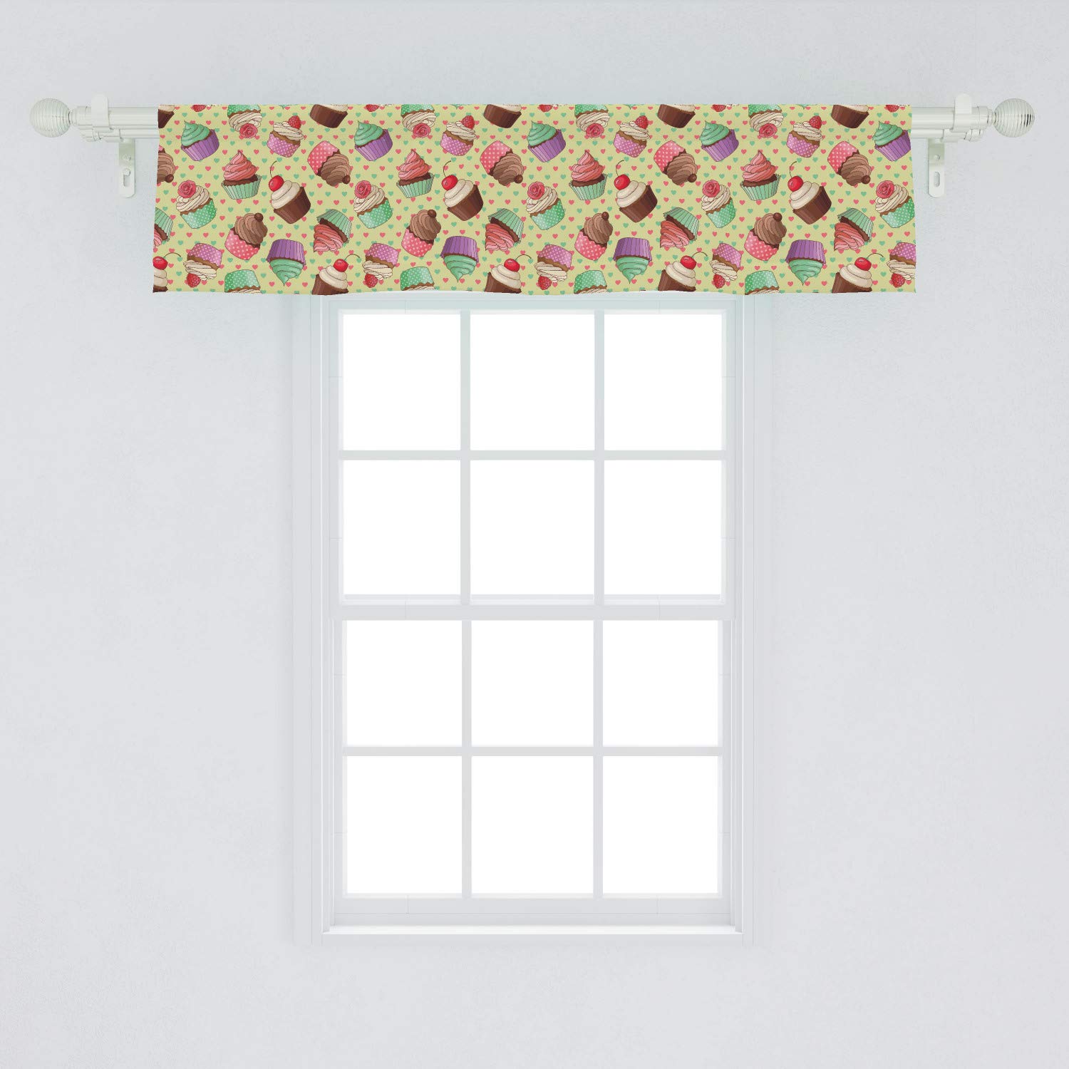 Ambesonne Coffee Window Valance, Coffee Shop Bakery Inspired Tasty Cupcake Pattern on a Polka Dot Hearts Backdrop, Curtain Valance for Kitchen Bedroom Decor with Rod Pocket, 54" X 12", Pale Green