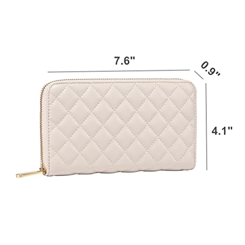 Premium Real Full Grain Leather Classic Long Zipped Wallet with Multiple Card Slots | Phone Clutch | Large Capacity Card Holder Organizer for Men Women (Beige Quilted) (JK-ZW19)