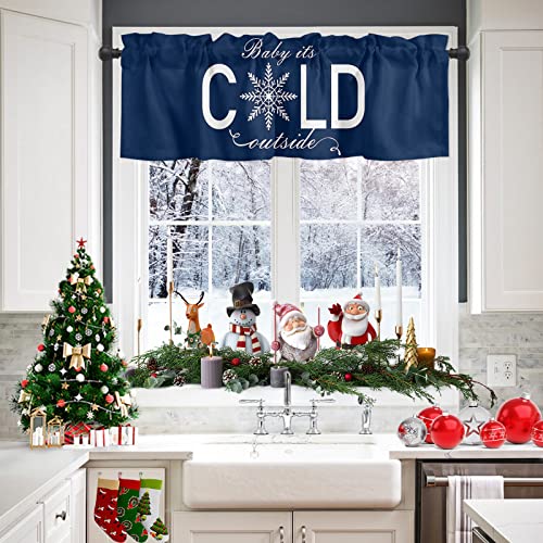 3 Piece Kitchen Curtain and Valances Set, Christmas Kitchen Curtains Set Rod Pocket Tier Short Curtains for Living Room Cafe Window Curtains 24 Inch Length Cold Winter Snowflakes Blue Backdrop