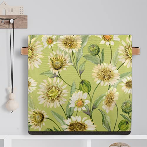 Daisy Leaves Large Collapsible Storage Bins,Daisy Flower Decorative Canvas Fabric Storage Boxes Organizer with Handles,Cube Square Baskets Bin for Home Shelves Closet Nursery Gifts