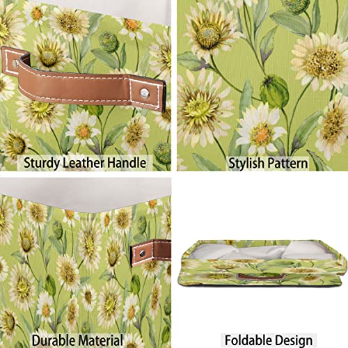 Daisy Leaves Large Collapsible Storage Bins,Daisy Flower Decorative Canvas Fabric Storage Boxes Organizer with Handles,Cube Square Baskets Bin for Home Shelves Closet Nursery Gifts
