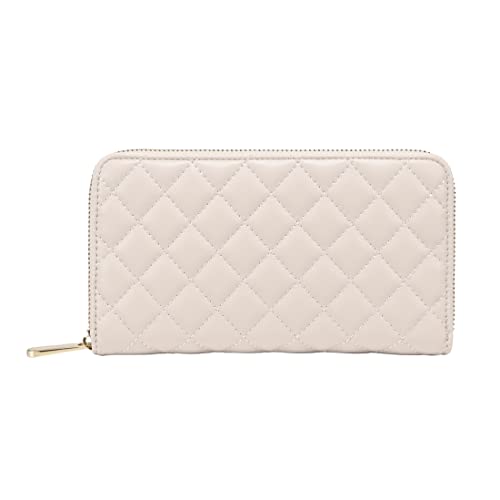 Premium Real Full Grain Leather Classic Long Zipped Wallet with Multiple Card Slots | Phone Clutch | Large Capacity Card Holder Organizer for Men Women (Beige Quilted) (JK-ZW19)