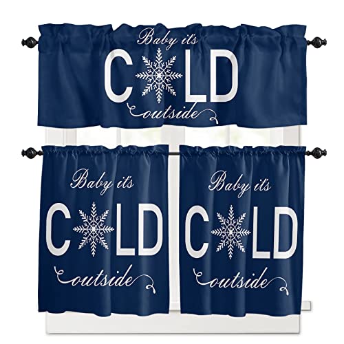 3 Piece Kitchen Curtain and Valances Set, Christmas Kitchen Curtains Set Rod Pocket Tier Short Curtains for Living Room Cafe Window Curtains 24 Inch Length Cold Winter Snowflakes Blue Backdrop
