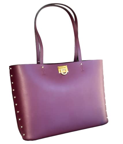 Michael Kors Manhattan Large Leather Tote Studded MK Logo Bag Bordeaux Leather