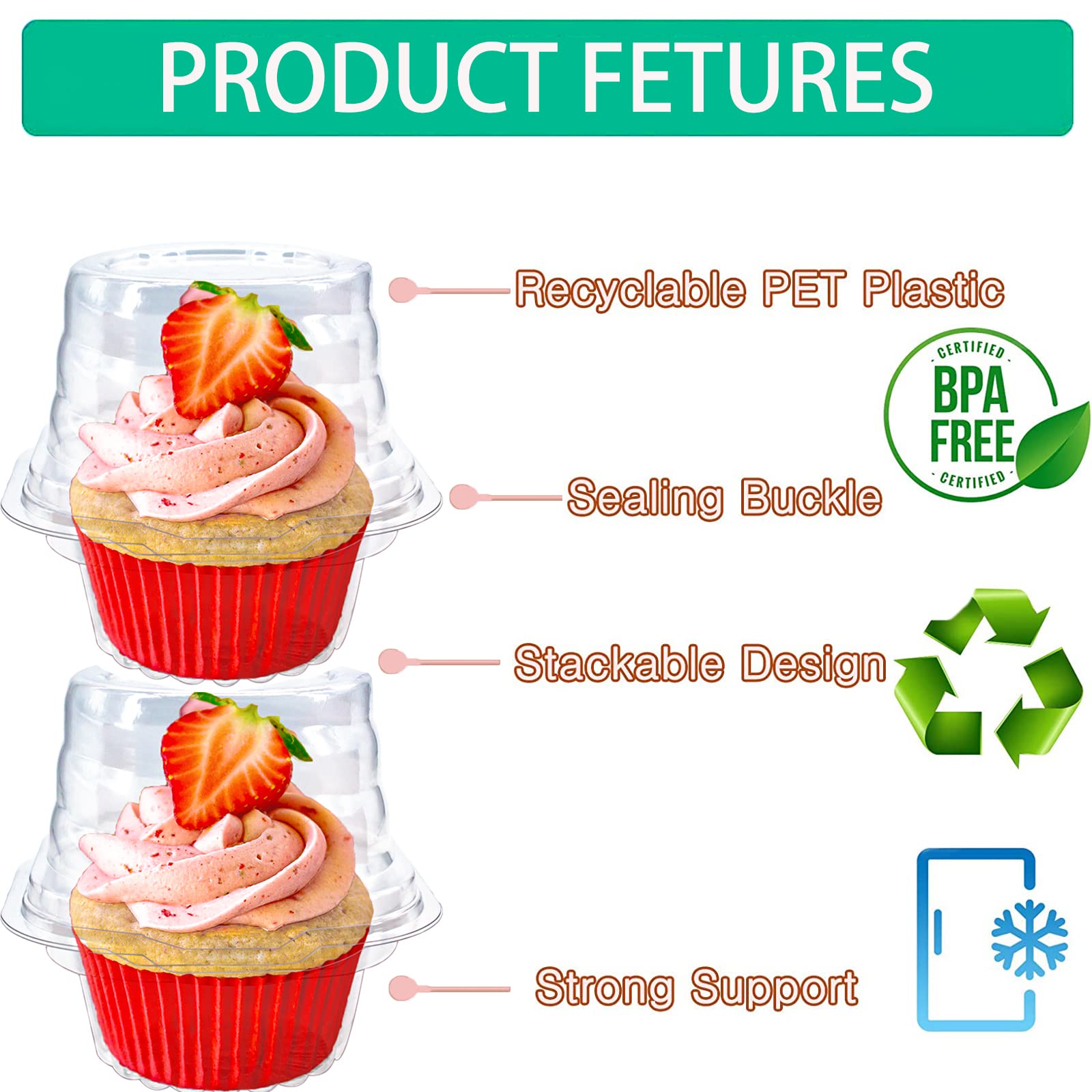 Meygajoe 2023 Update Individual Cupcake Containers, Single Compartment Clear Disposable Cupcake Carrier Holder Box With Lid - Stackable - Deep Dome - Clear Plastic - BPA-Free- (Pack of 25)