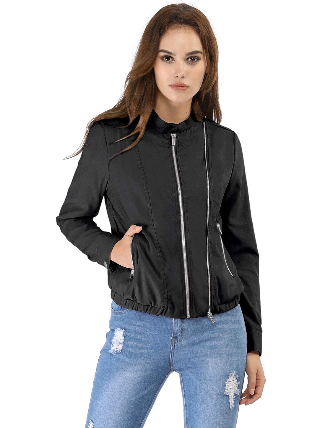Allegra K Women's Lightweight Classic Casual Stand Collar Pocket Short Biker Moto Jacket Small Black