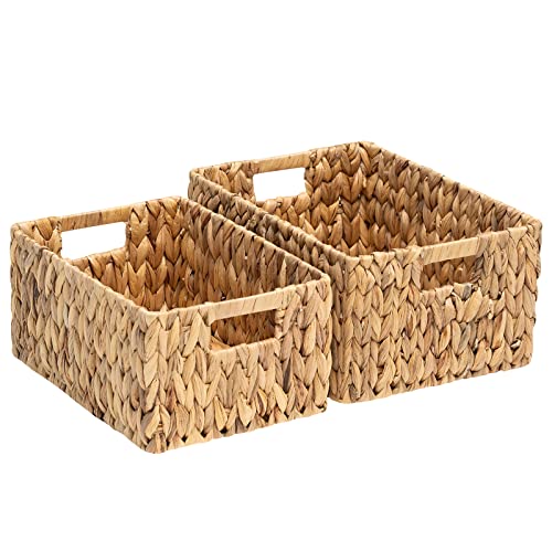 FairyHaus Wicker Baskets 15x11x7" & 13.4x9.5x6.5", 2 Pack Handmade Big Wicker Storage Basket with Handles, Natural Water Hyacinth Wicker Baskets for Storage Shelves Organizing, Rectangle Wicker Basket