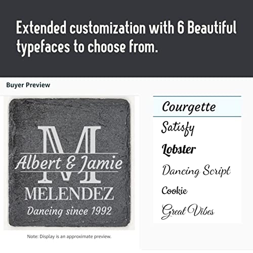 Custom Engraved Slate Coasters, 4" Square (Set of 4 or Set of 6) - Great for Personalized Gifts, Weddings, Couples, Anniversaries, Special Occasions