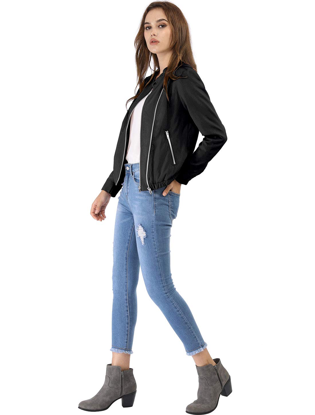 Allegra K Women's Lightweight Classic Casual Stand Collar Pocket Short Biker Moto Jacket Small Black