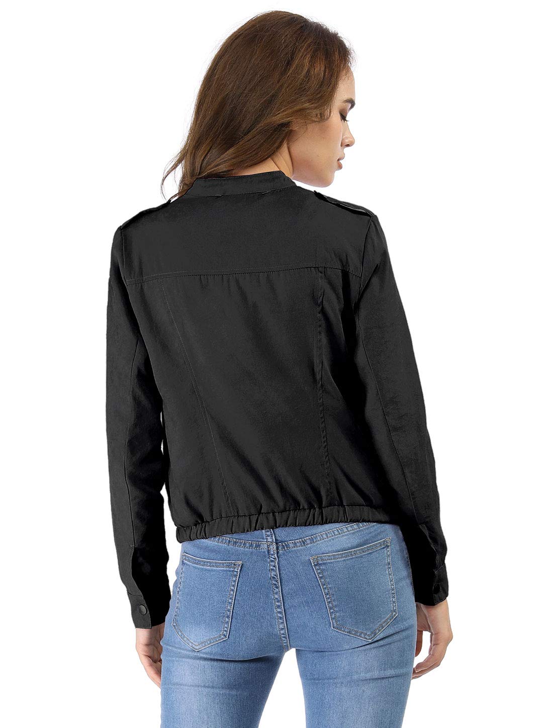 Allegra K Women's Lightweight Classic Casual Stand Collar Pocket Short Biker Moto Jacket Small Black