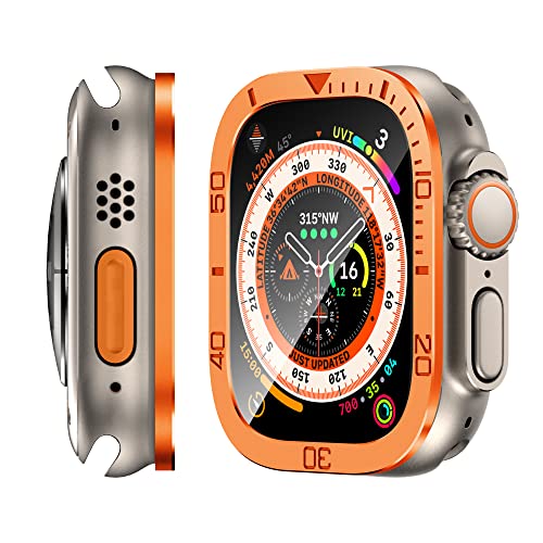 2 Pack Orange Rugged Metal Case Compatible with Apple Watch Ultra 49mm Case with Tempered Glass Screen Protector, Bezel Ring Frame Built in Clear Film for iWatch Ultra 49mm