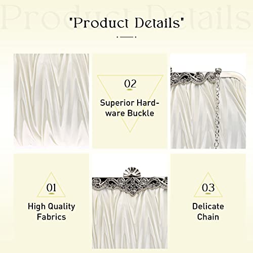 JAMBHALA Women Pleated Clutch Bag with Adjustable Chain Handbag Dumpling Pouch for Wedding, Bridal, Prom, Party (white)