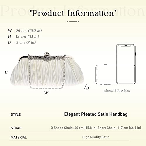 JAMBHALA Women Pleated Clutch Bag with Adjustable Chain Handbag Dumpling Pouch for Wedding, Bridal, Prom, Party (white)