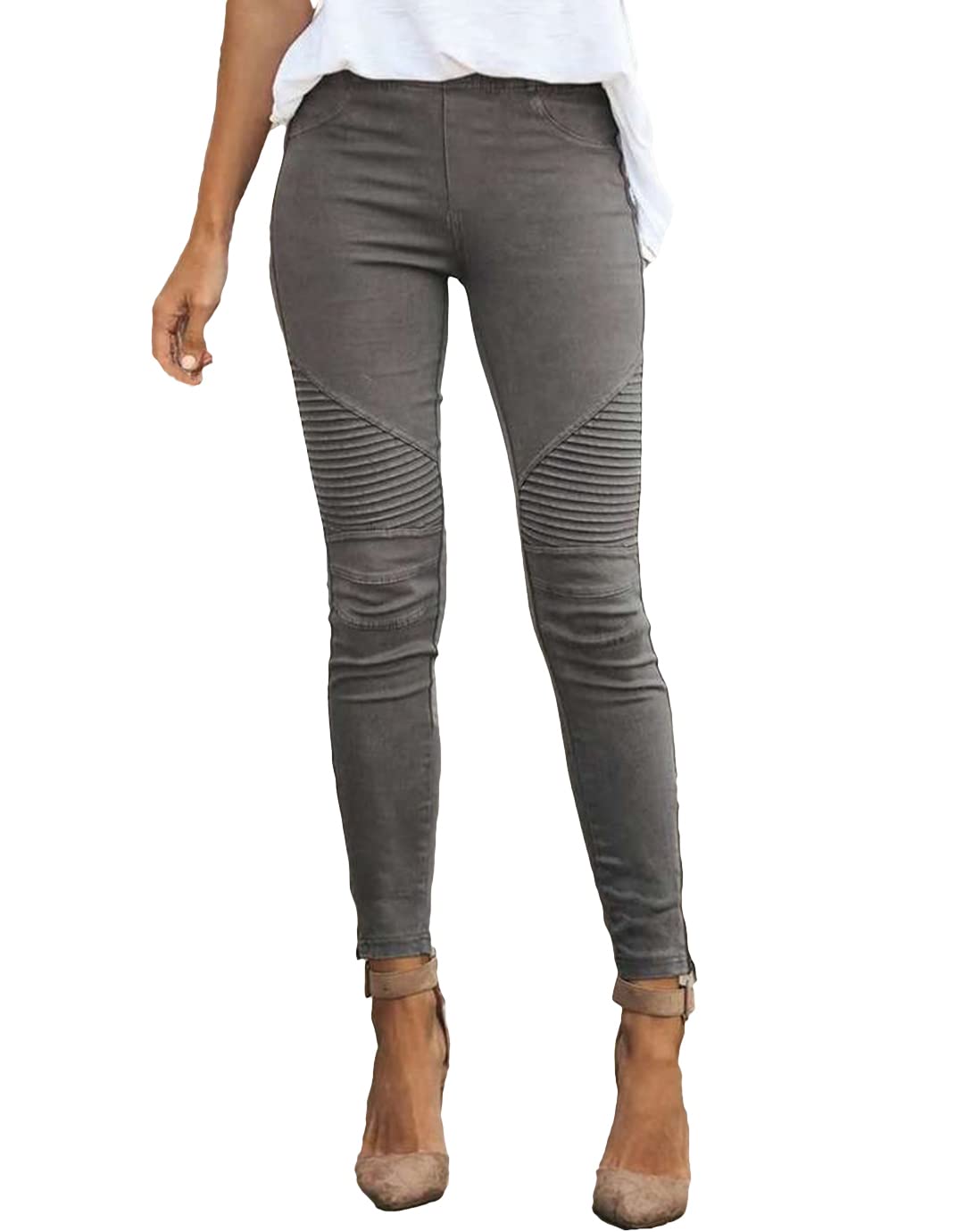Flamingals Jeans for Women Trendy High Waisted Skinny Jeans Moto Leggings Elastic Waist Jeans Gray L