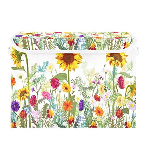Kigai Colorful Flower Storage Basket with Lid,Collapsible Storage Box Fabric Storage Bin for Closet,Office,Bedroom,Nursery