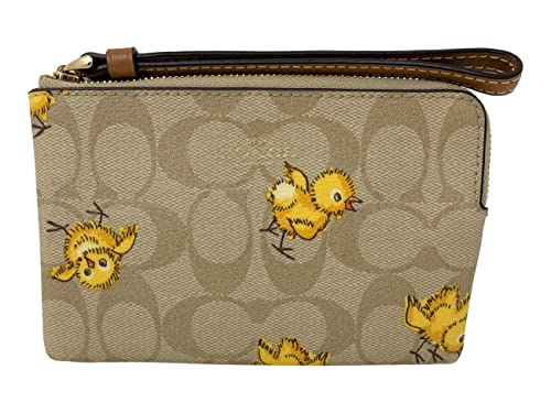 Coach Corner Zip Wristlet In Signature Coated Canvas Tossed Chick Print CC432
