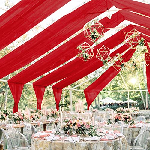 FUHSY Red Ceiling Drapes Wedding Arch Drapes 6 Panels 5x10 FT Chiffon Fabric Wedding Backdrops for Ceremony Tulle Curtains Sheer Backdrop Drapes Red Ceiling Decorations for Bed Canopy Tent Draping