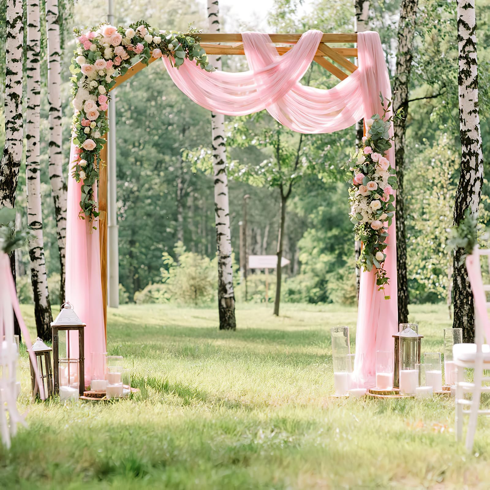 MoKoHouse Wedding Arch Drapes Fabric 3 Panels 6 Yards Pink Chiffon Drapes Backdrop for Baby Shower Birthday Party Decorations