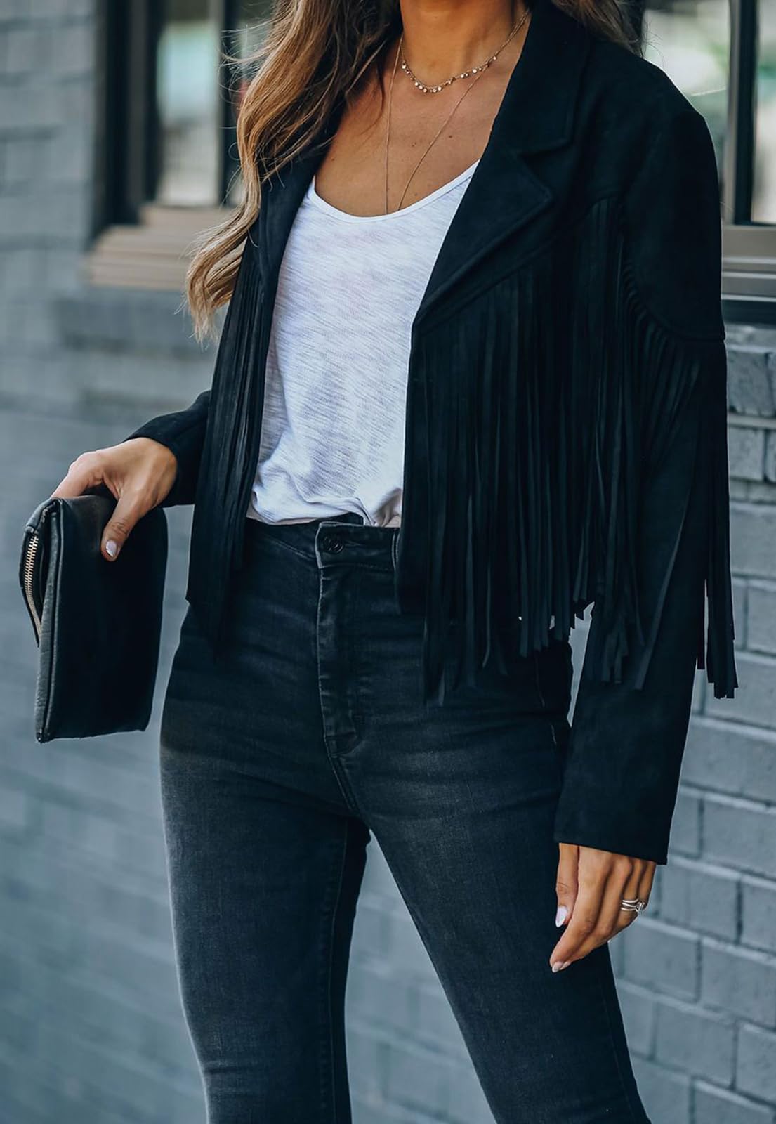 CHARTOU Casual Faux Leather Jacket Women Motorcycle Jacket Fringe Cropped Jacket Utility Tassel Suede Moto Jacket (Small,Black)