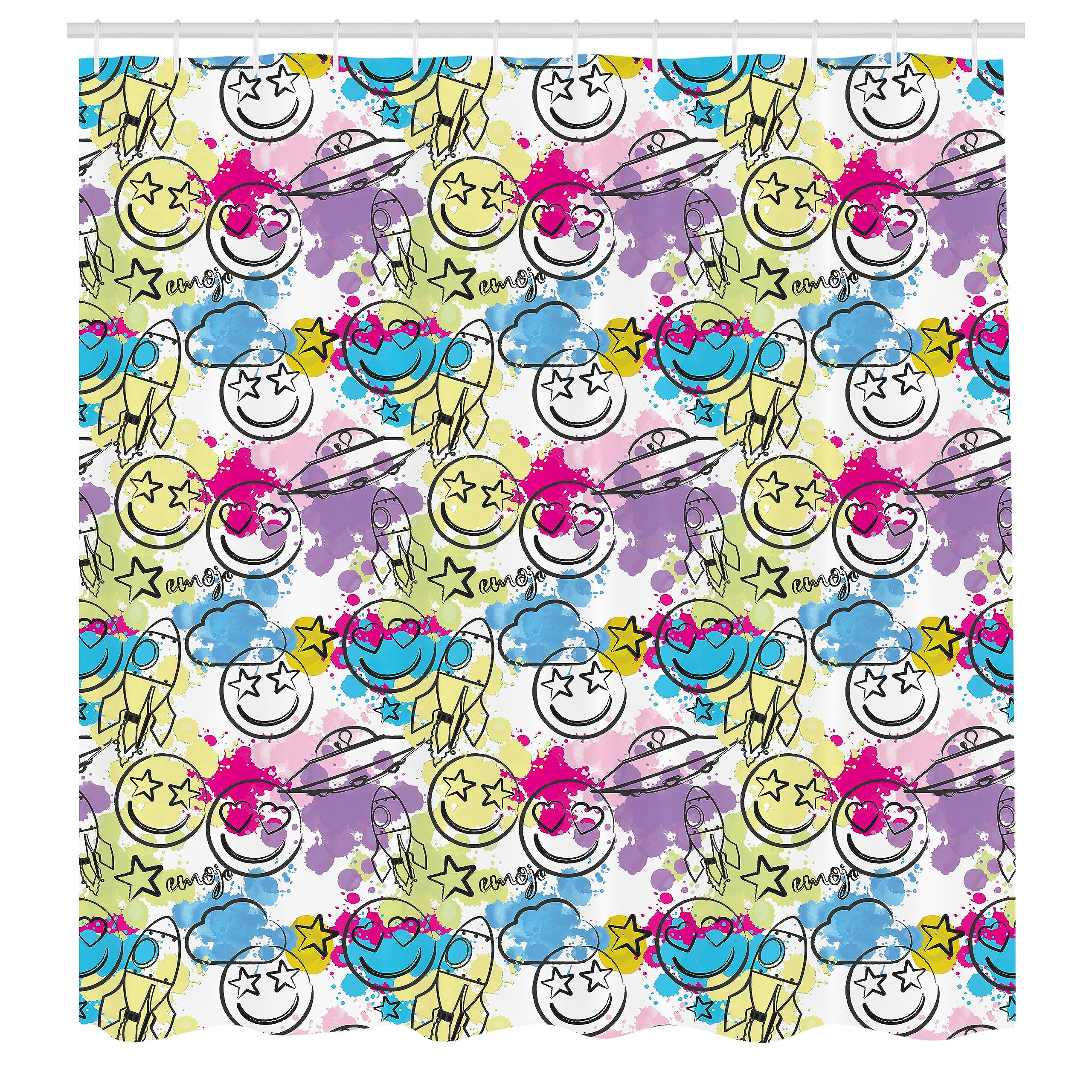 Ambesonne Emoji Shower Curtain, Outline Funny Faces Heart and Starry Eyes UFOs Rockets on Paint Splash Backdrop, Cloth Fabric Bathroom Decor Set with Hooks, 69" W x 84" L, White Multicolor