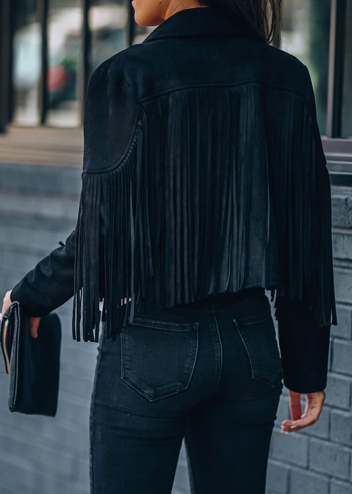CHARTOU Casual Faux Leather Jacket Women Motorcycle Jacket Fringe Cropped Jacket Utility Tassel Suede Moto Jacket (Small,Black)