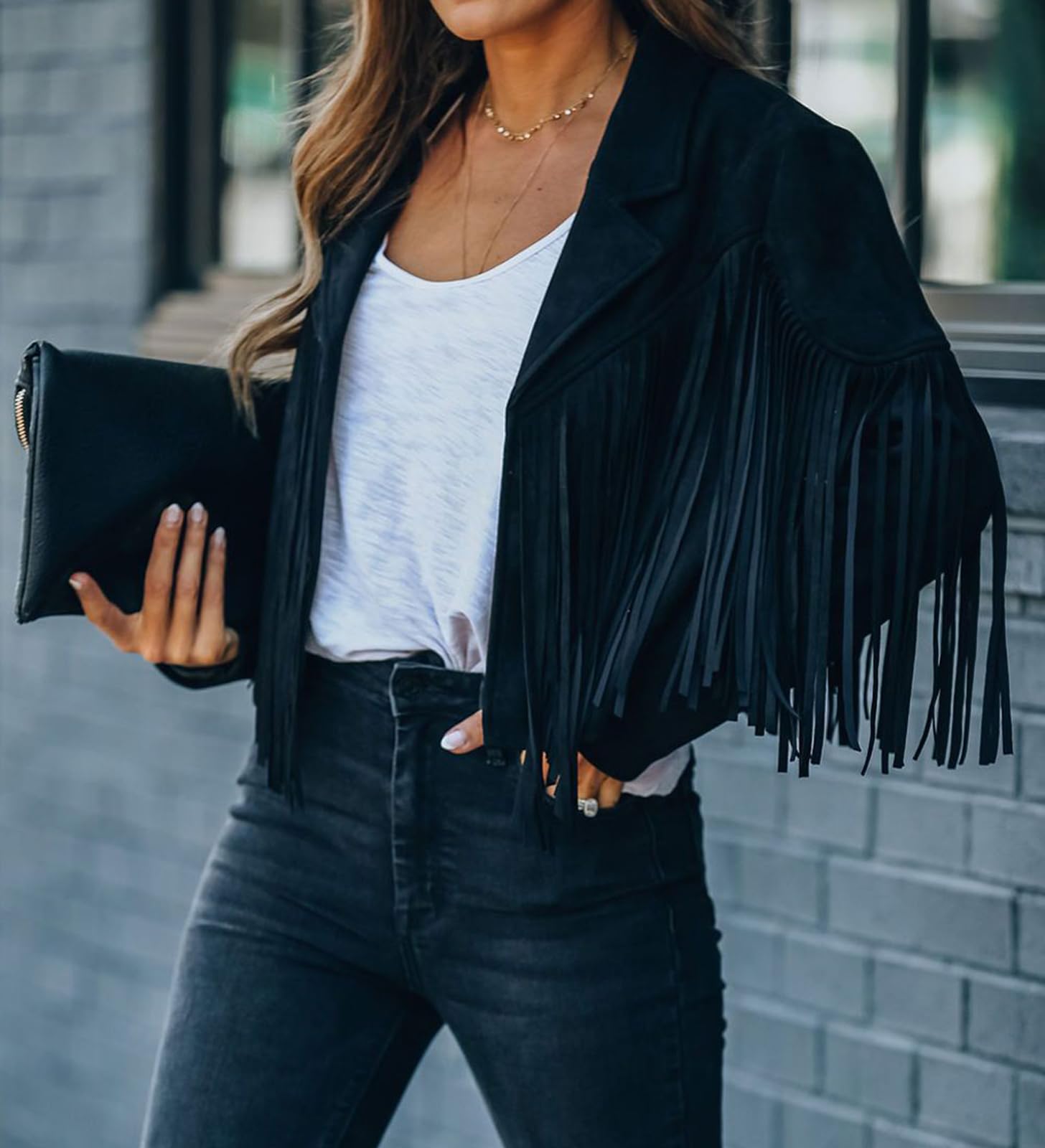 CHARTOU Casual Faux Leather Jacket Women Motorcycle Jacket Fringe Cropped Jacket Utility Tassel Suede Moto Jacket (Small,Black)