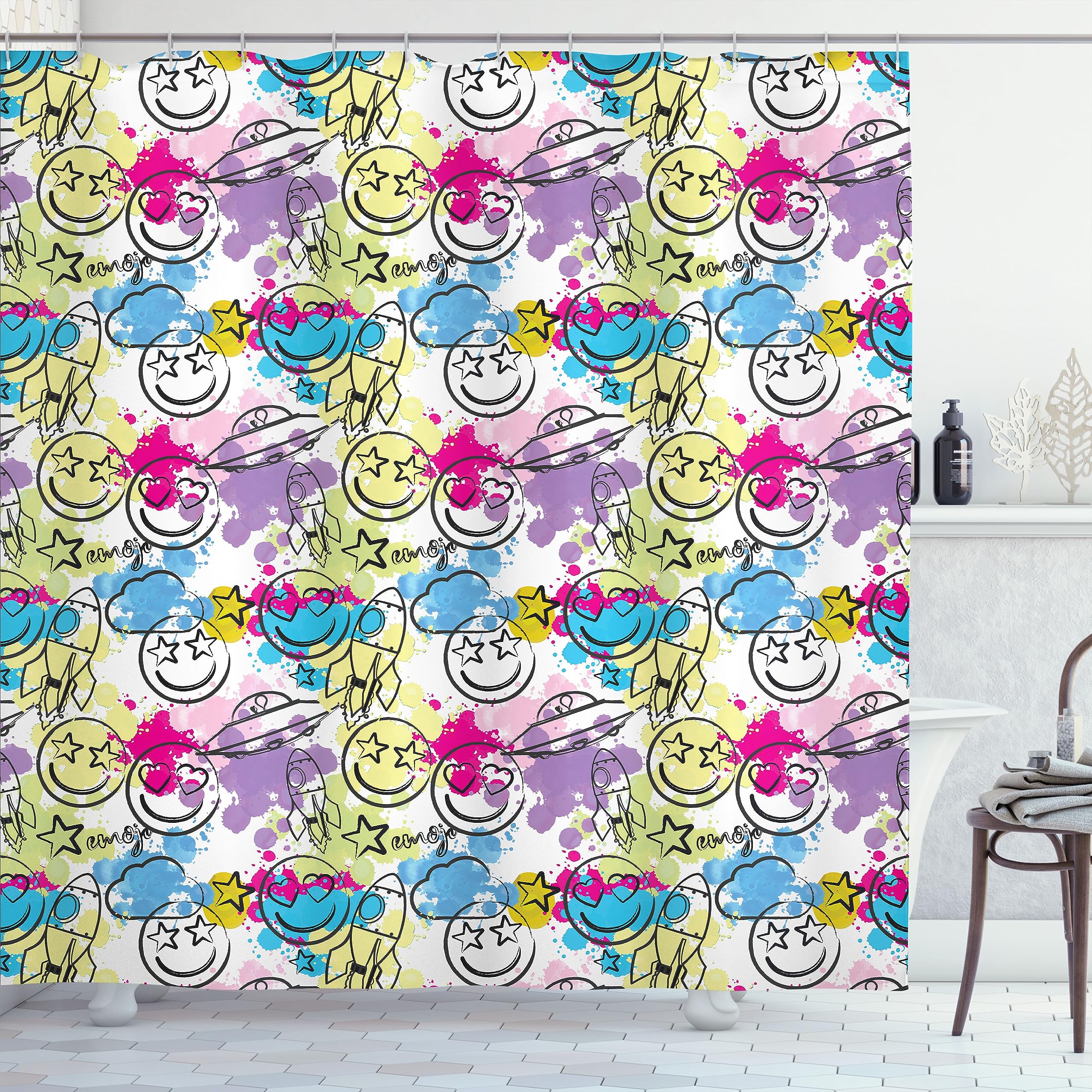 Ambesonne Emoji Shower Curtain, Outline Funny Faces Heart and Starry Eyes UFOs Rockets on Paint Splash Backdrop, Cloth Fabric Bathroom Decor Set with Hooks, 69" W x 84" L, White Multicolor