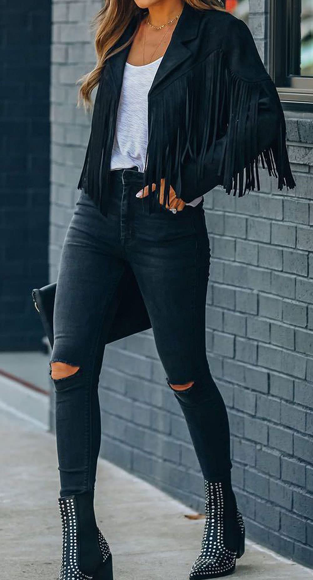 CHARTOU Casual Faux Leather Jacket Women Motorcycle Jacket Fringe Cropped Jacket Utility Tassel Suede Moto Jacket (Small,Black)