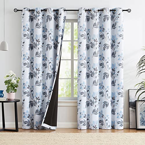 Blue White Blackout Curtains for Bedroom Living Room 84inch Long Floral Vine Leaf Curtain Panels Triple Weave Thermal Insulated Curtain Drapes 50" W 2 Panels