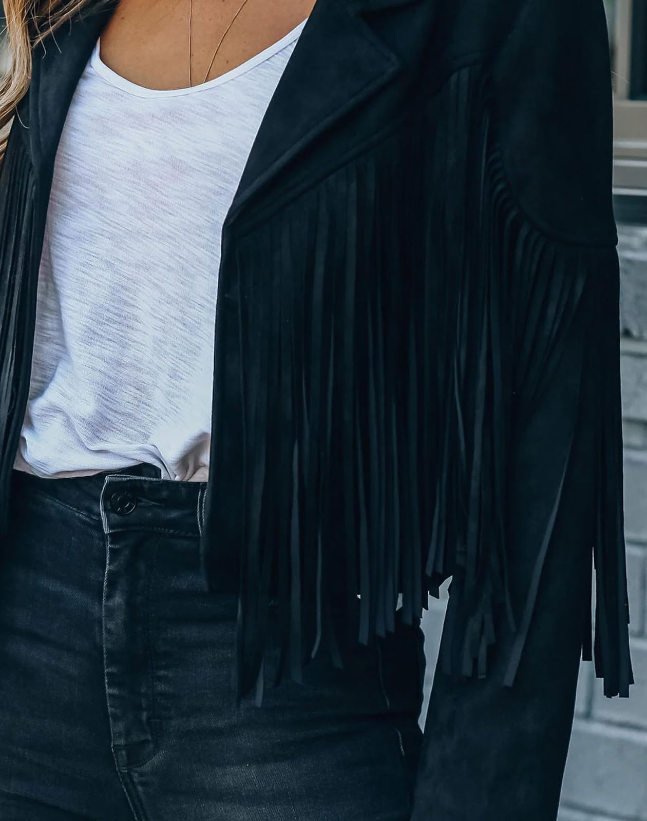 CHARTOU Casual Faux Leather Jacket Women Motorcycle Jacket Fringe Cropped Jacket Utility Tassel Suede Moto Jacket (Small,Black)