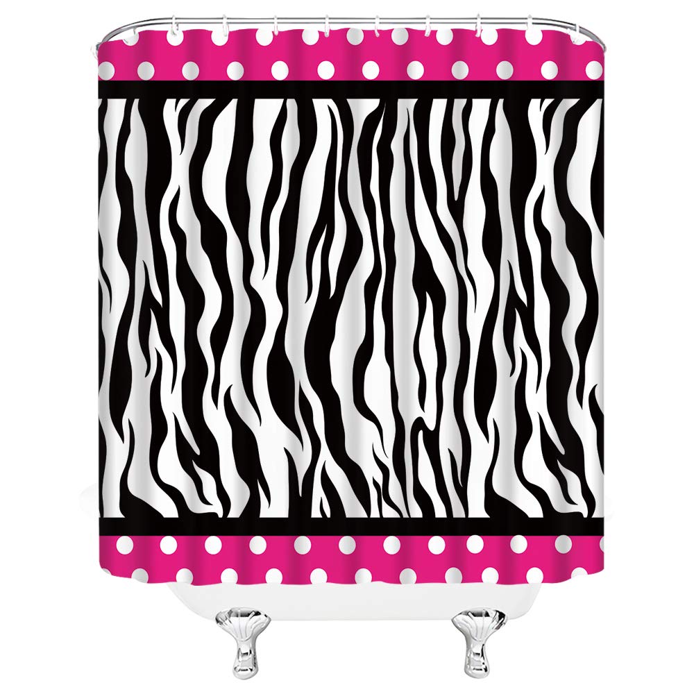 Zebra Print Shower Curtain Black White Zebra Stripe White Polka Dot on Pink Creative Patchwork for Girls Woman Modern Romance Fabric Bathroom Decor Curtain with Hooks,70Wx70H Inch