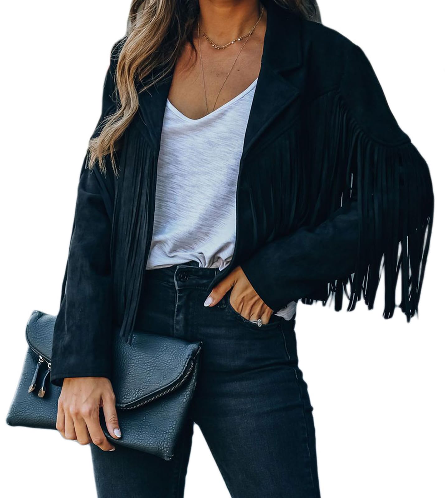 CHARTOU Casual Faux Leather Jacket Women Motorcycle Jacket Fringe Cropped Jacket Utility Tassel Suede Moto Jacket (Small,Black)