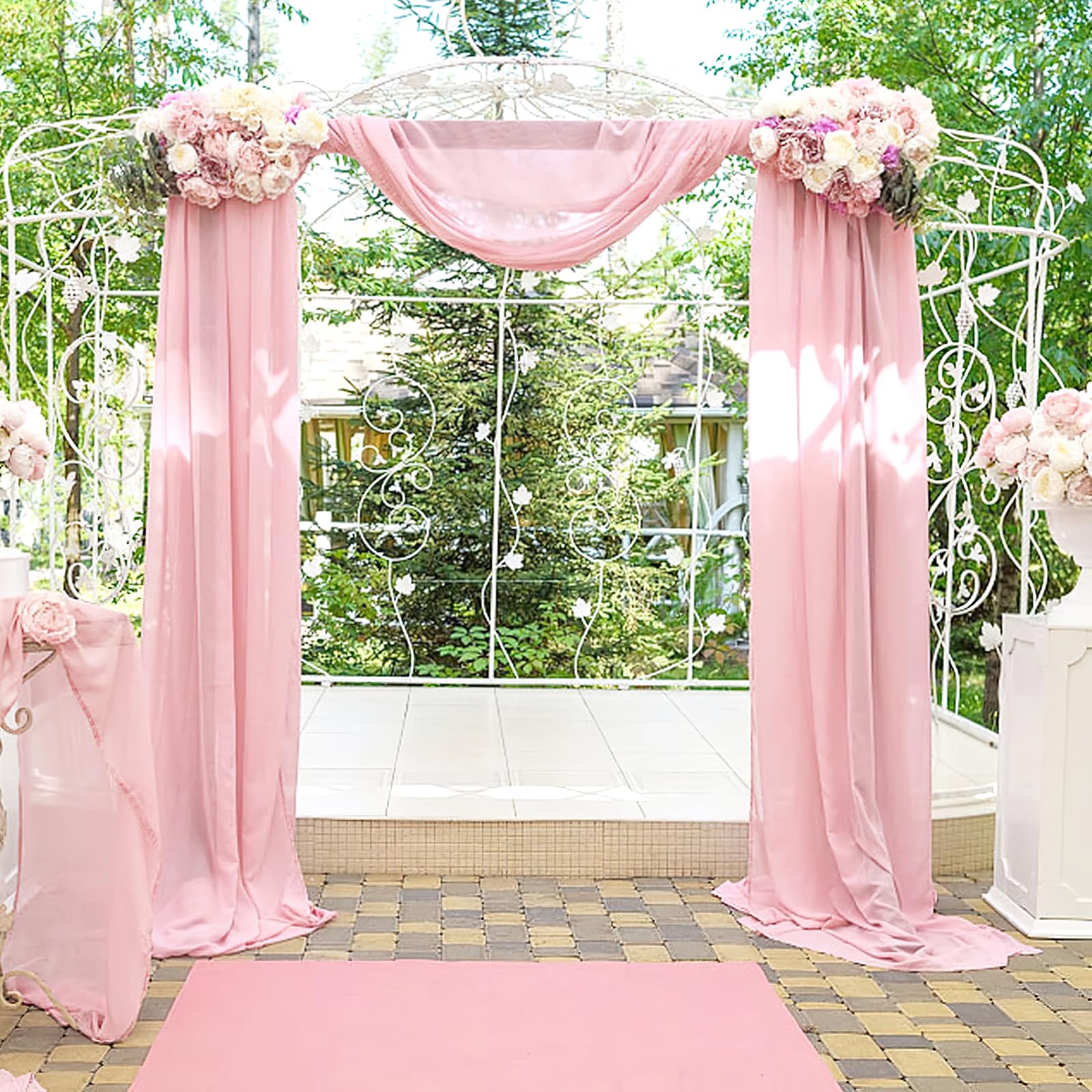 MoKoHouse Wedding Arch Drapes Fabric 3 Panels 6 Yards Pink Chiffon Drapes Backdrop for Baby Shower Birthday Party Decorations