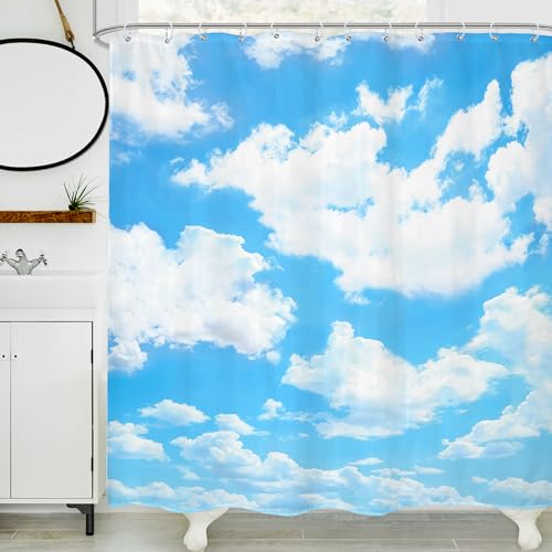 LIGHTINHOME Blue Sky Backdrop Cloud Shower Curtain 72x72 Inch Nature Landscape Scenery Waterproof Fabric Polyester Bathroom Bathtub Decoration 12 Pack Plastic Hooks