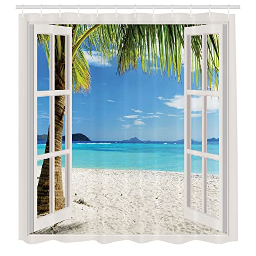 Ambesonne Turquoise Shower Curtain or Backdrop Tropical Palm Trees on Island Ocean Beach Through Wooden Windows Cloth Fabric Decor Set with Hooks for Home Dorm Bathroom 69" W x 75" L Blue Green White