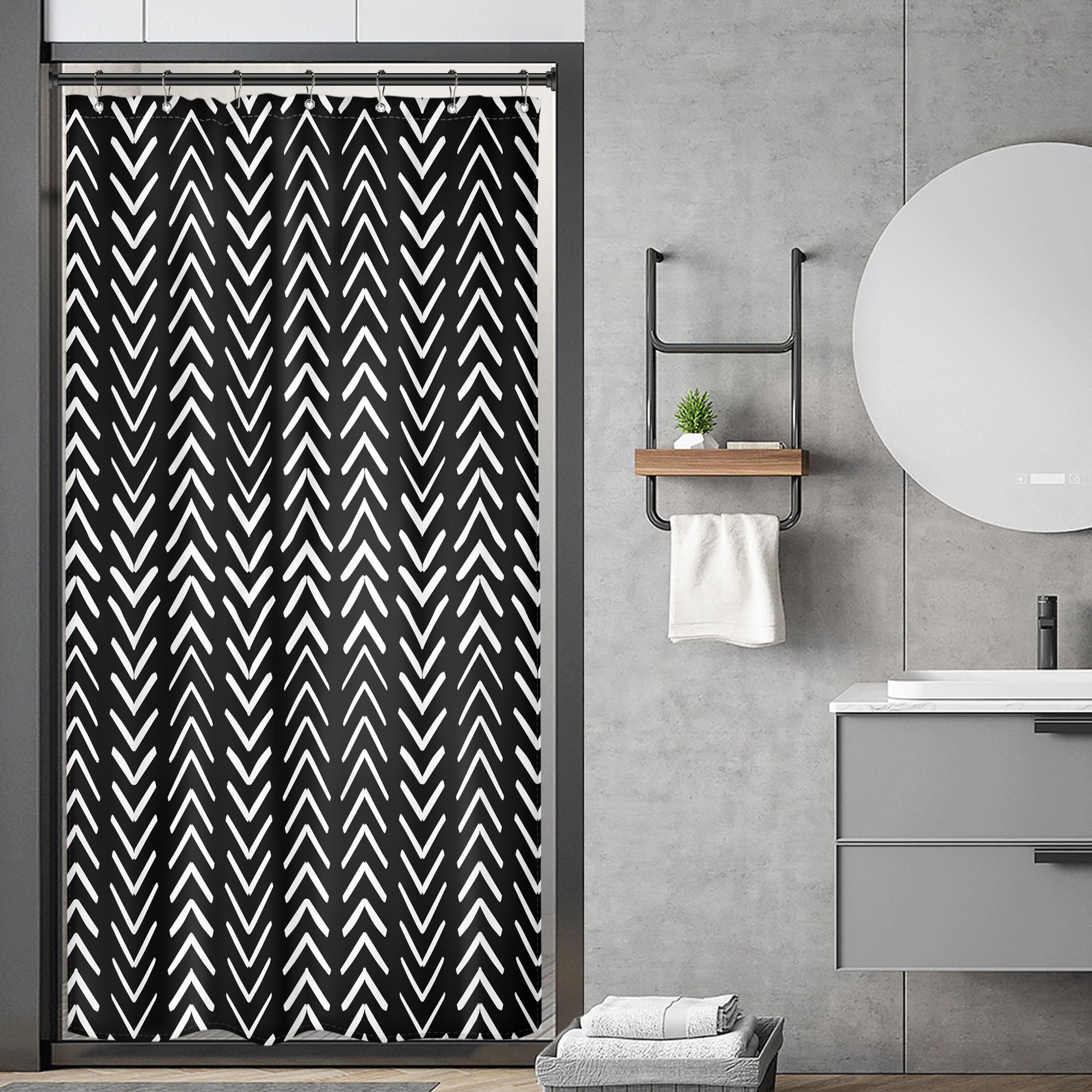 Riyidecor Black Stall Small Boho Shower Curtain for Bathroom Half Size 36x72 Inch Geometric Chevron Striped Herringbone Single Narrow Tiny Walkin Rv Dorm Decor Fabric Bathroom Set Polyester Waterproof