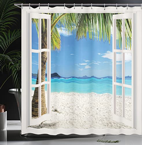 Ambesonne Turquoise Shower Curtain or Backdrop Tropical Palm Trees on Island Ocean Beach Through Wooden Windows Cloth Fabric Decor Set with Hooks for Home Dorm Bathroom 69" W x 75" L Blue Green White