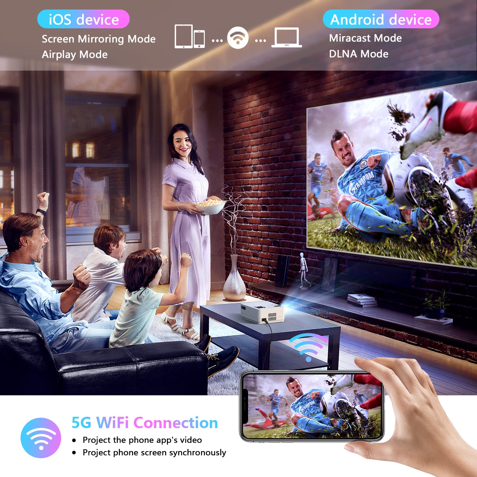 1080P HD Projector with WiFi and Bluetooth,Roconia 9800LM 4K Projector,300" Outdoor Movie Projector,Home Theater Video Projector Compatible with Laptop, HDMI, VGA, USB, iOS & Android Smartphone