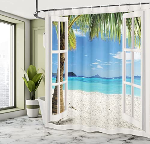 Ambesonne Turquoise Shower Curtain or Backdrop Tropical Palm Trees on Island Ocean Beach Through Wooden Windows Cloth Fabric Decor Set with Hooks for Home Dorm Bathroom 69" W x 75" L Blue Green White