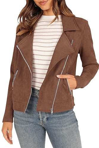 PRETTYGARDEN Women's Winter Faux Suede Moto Biker Jacket Long Sleeve Zip Up Lapel Y2K Short Coat with Pockets Fashion Dressy (Coffee,X-Large)