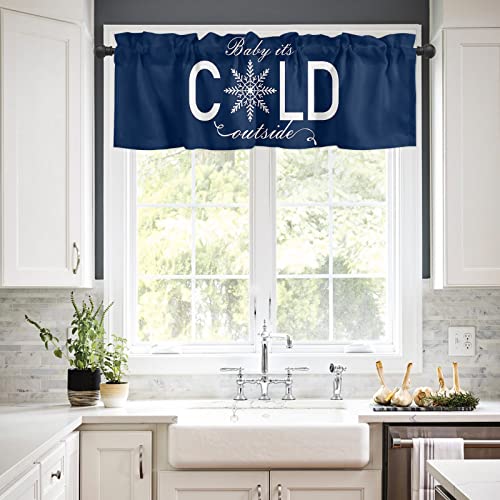 Yomandocix Kitchen Curtains and Valances Set, Christmas Curtains Tier Farmhouse Rod Pocket Half Window Curtain 36 Inch Length, 3 Piece Kitchen Curtain Set Cold Winter Snowflakes Blue Backdrop