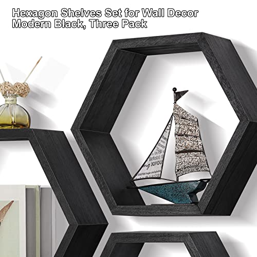 Black Hexagon Shelves Floating Honeycomb Shelves Set of 3 Wall Storage Shelf Bedroom Floating Shleves for Wall Decor Hexagonal Wood Shelves Wall Mount Display Geometric Hanging Rack for Living Room