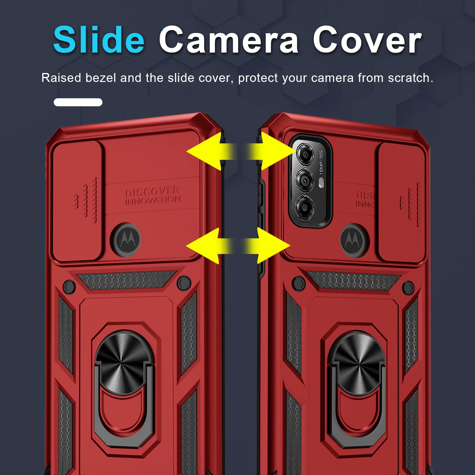Janmitta Compatible with Moto G Play 2023,G Power 2022/G Pure Case Built in Slide Camera Lens Cover+Screen Protector+Ring Holder,Heavy Duty Shockproof Full Body Phone Cover,Red