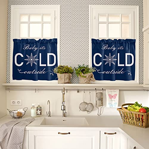 Yomandocix Kitchen Curtains and Valances Set, Christmas Curtains Tier Farmhouse Rod Pocket Half Window Curtain 36 Inch Length, 3 Piece Kitchen Curtain Set Cold Winter Snowflakes Blue Backdrop