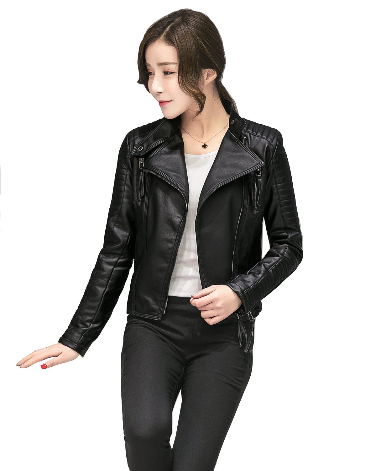 LY VAREY LIN Women's Faux Leather Biker Jacket Slim Short Coat Zipper Moto Jackets (S, Black)