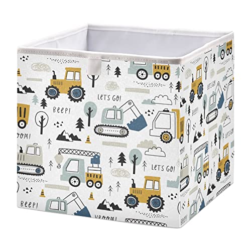xigua Cartoon Engineering Car Cube Storage Bin, 11x11x11 in Collapsible Fabric Storage Cubes Organizer Portable Storage Baskets for Shelves, Closets, Laundry, Nursery, Home Decor