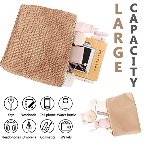 Womens Vegan Leather Woven Bag with Purse, Fashion Handmade Beach Tote Bag Top-handle Handbag